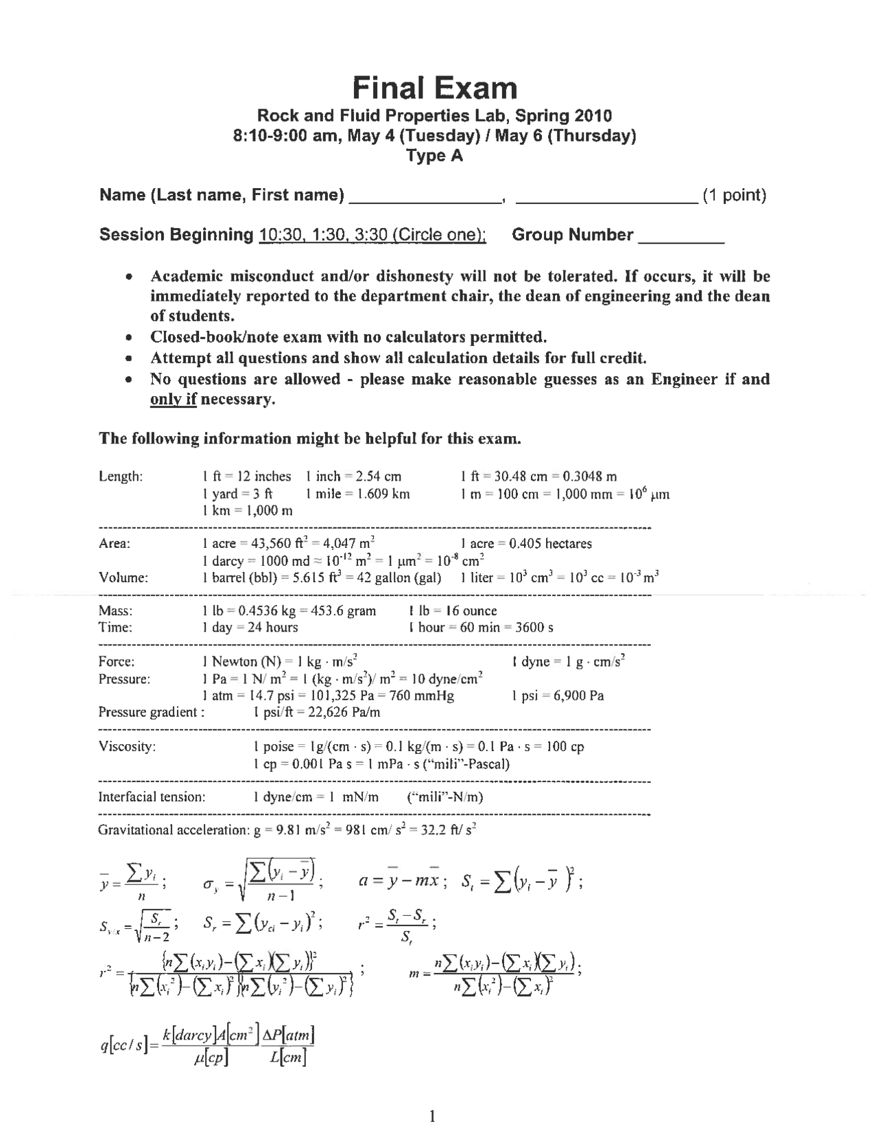 Final Exam for Rock and Fluid Properties Laboratory | PETE 2034 - Docsity