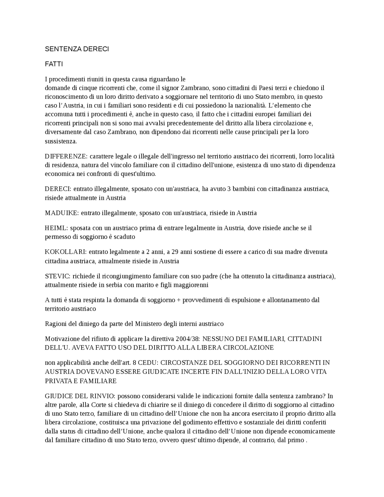 Sentenza Dereci Docsity
