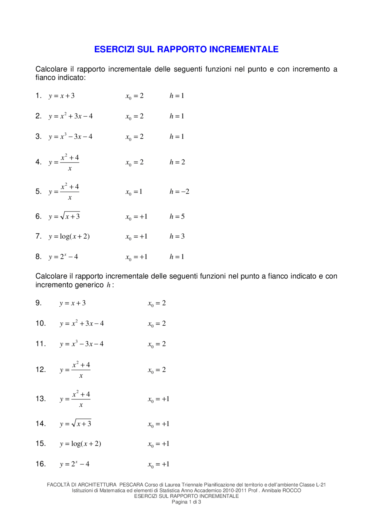 Esercizi sul rapporto incrementale | Esercizi di Matematica Generale ...