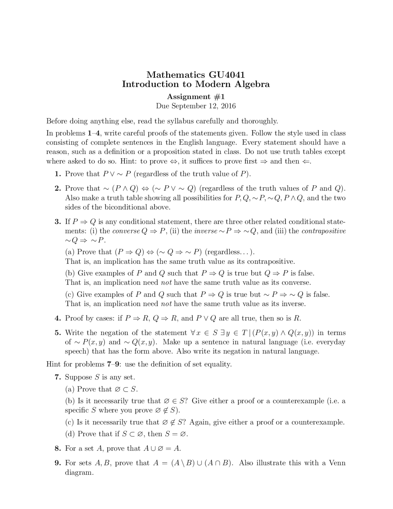Introduction to Modern Algebra Assignment - Propositional Logic and Set Theory (GU4041 ...