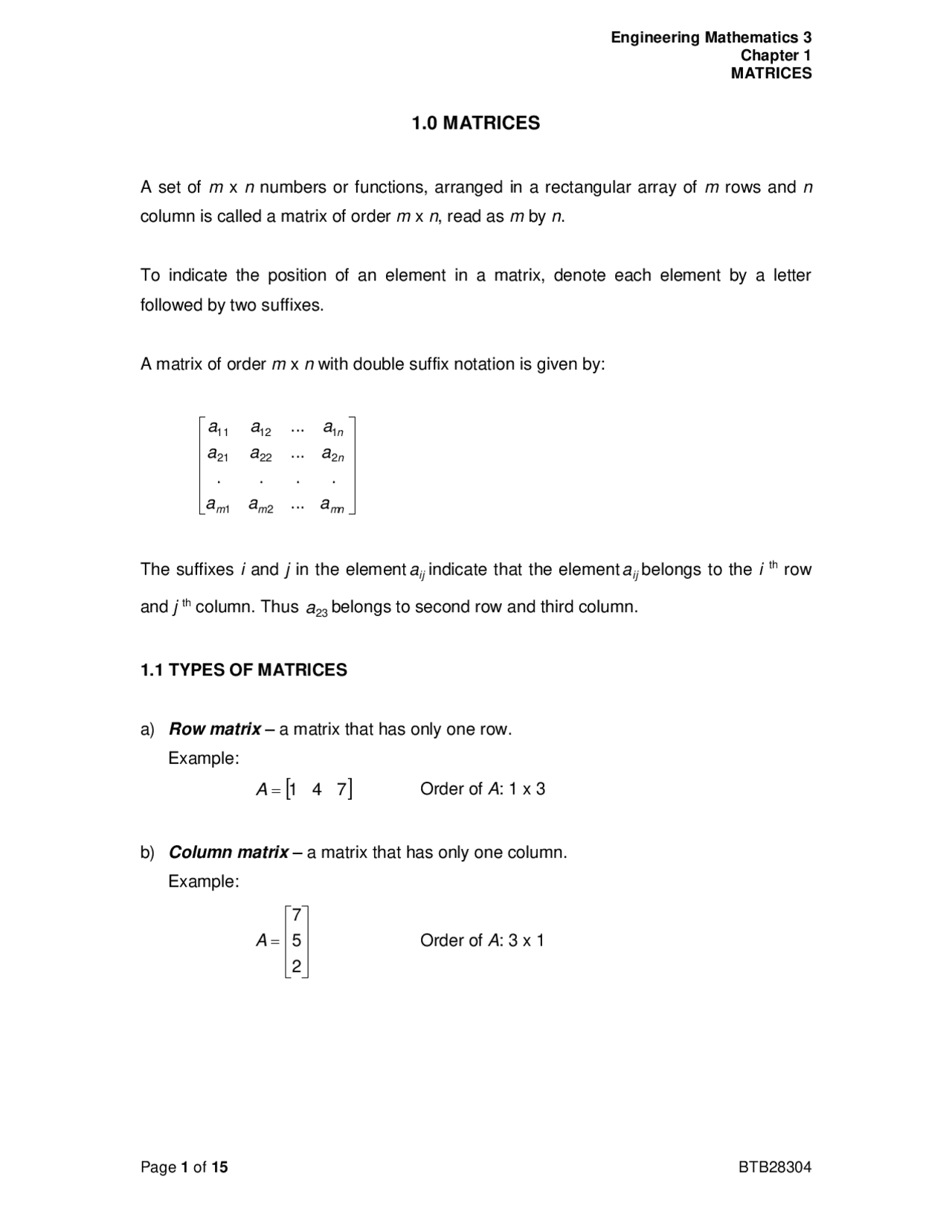 Chapter 1 Matrices Docsity