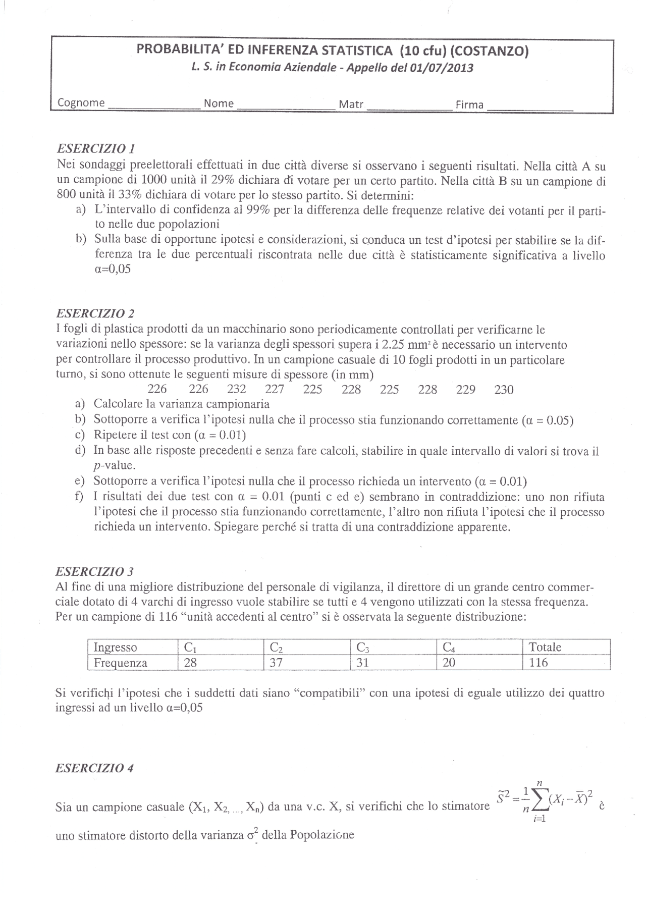 Esame Di Statiastica Docsity