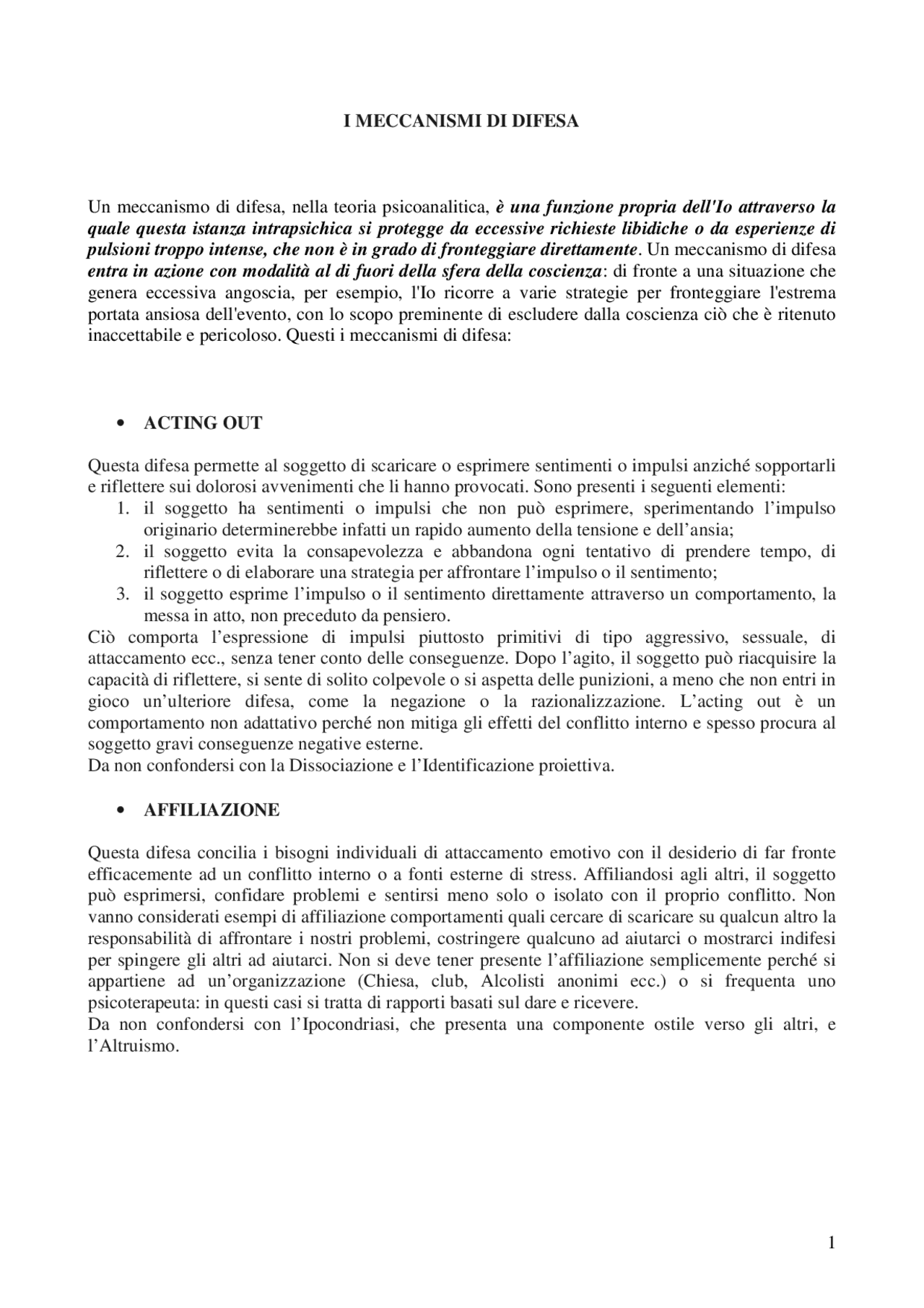 I Meccanismi Di Difesa Docsity