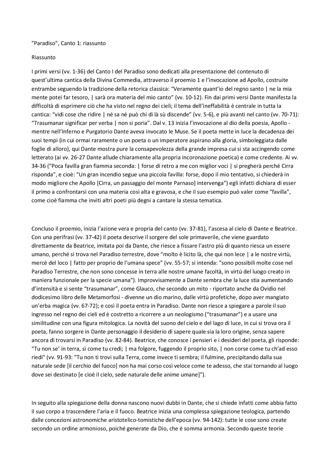 Divina Commedia Paradiso Canto 1 Riassunto Docsity