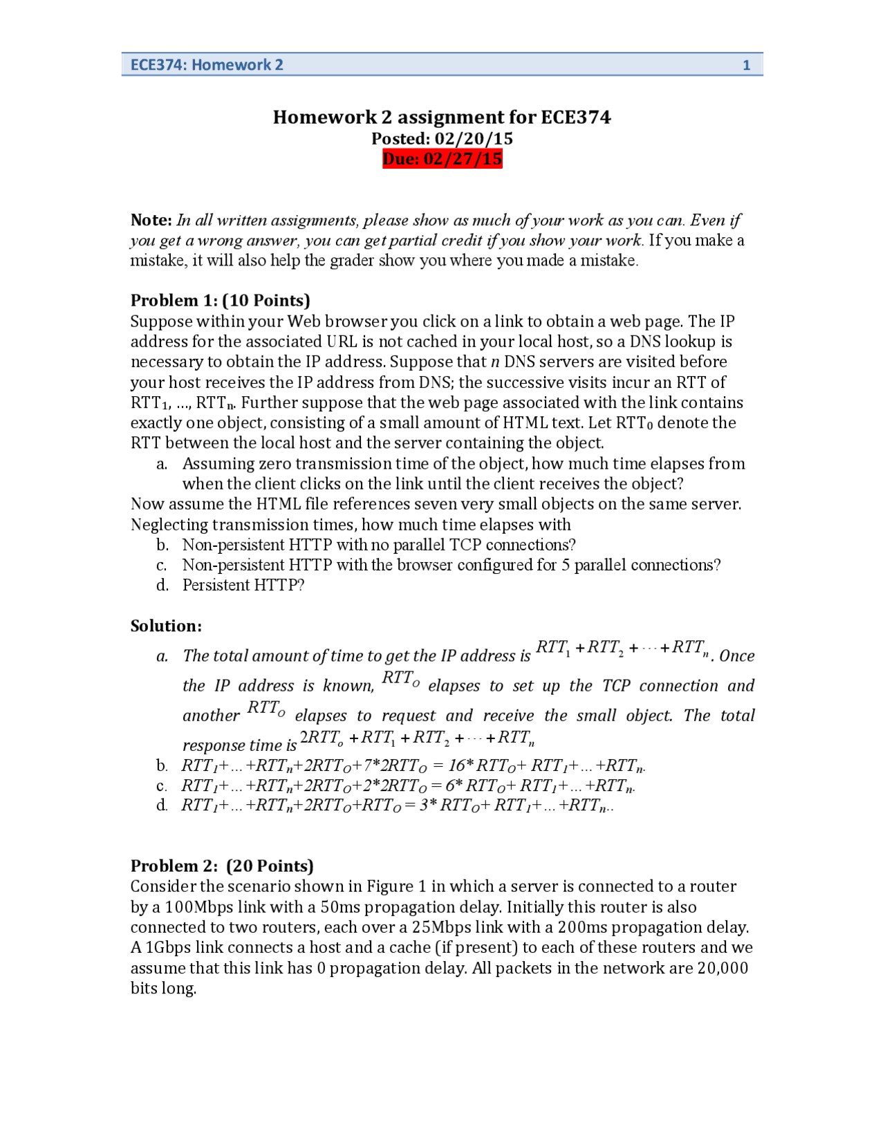 Networks Homework Solutions 2 | Exercises Computer Networks | Docsity