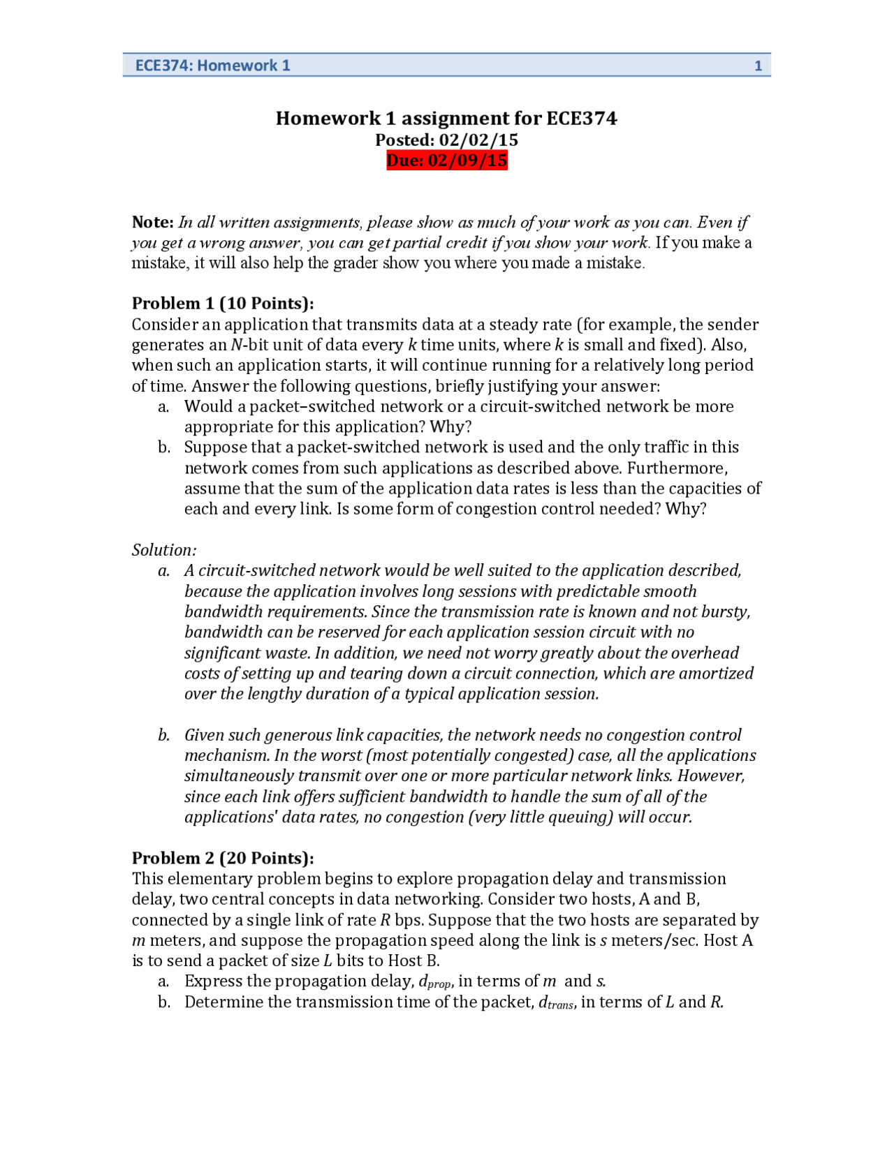 Networks Homework Solutions 1 | Exercises Computer Networks | Docsity