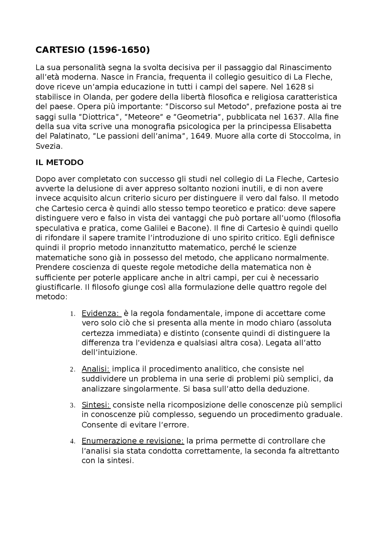 Sintesi Del Pensiero Di Cartesio Docsity