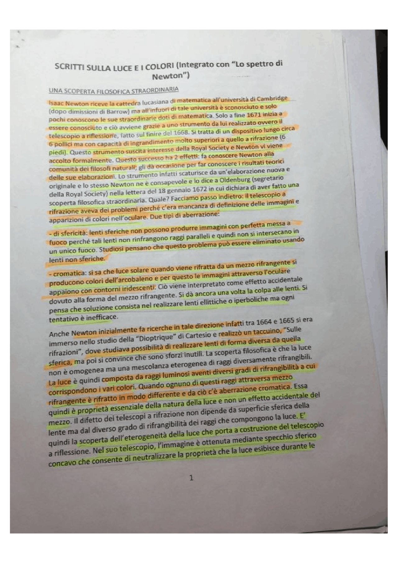 Gli Scritti Sulla Luce E I Colori Docsity