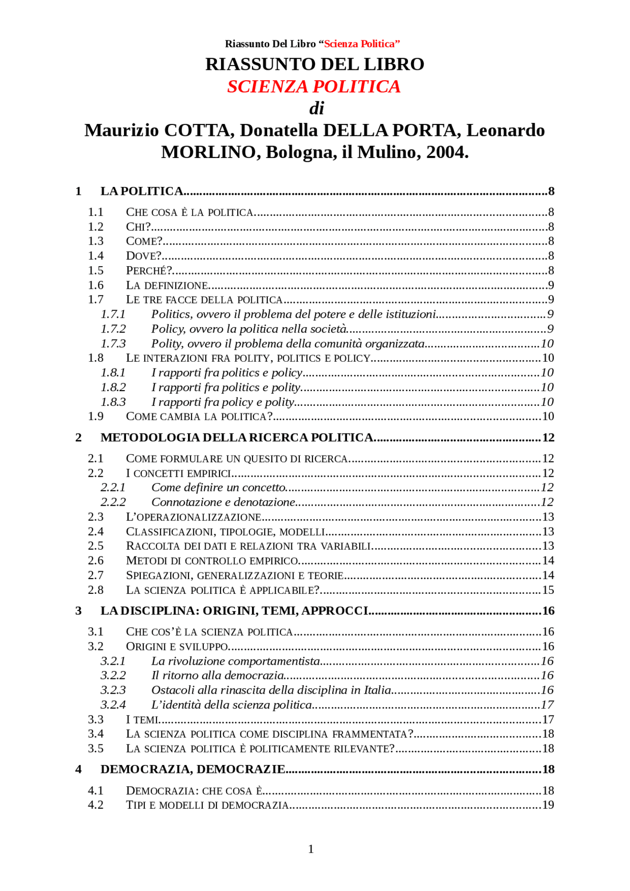 Riassunto Scienza Politica Docsity