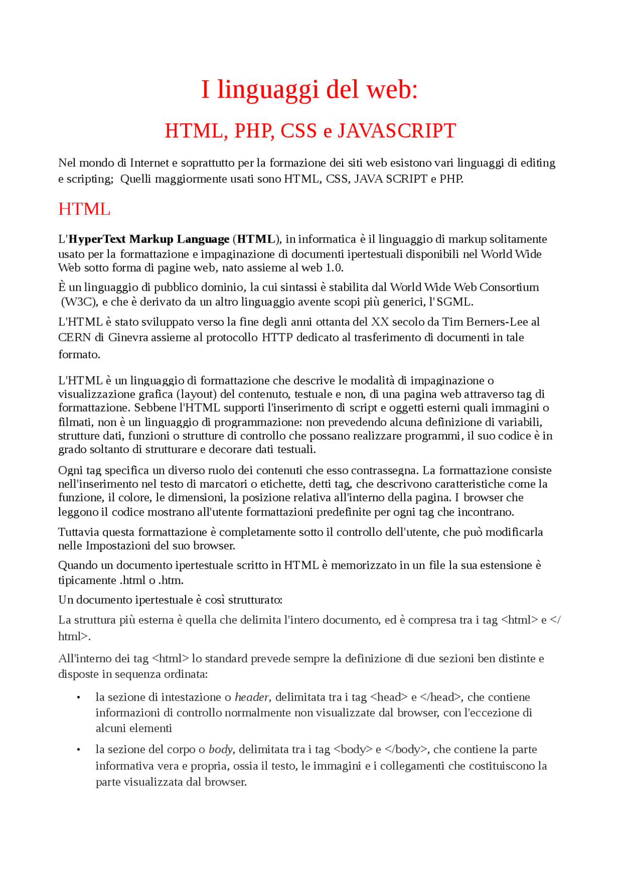 I linguaggi del web (html, php e css) - Docsity