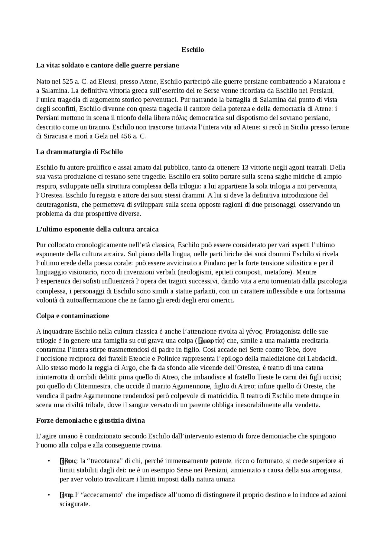 Eschilo Appunti Di Letteratura Docsity