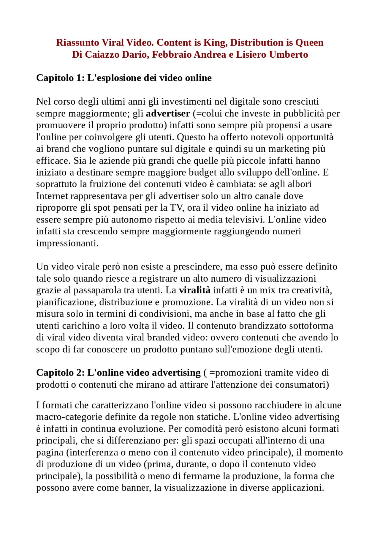 Riassunto Viral video. Content is King, Distribution is Queen - Docsity