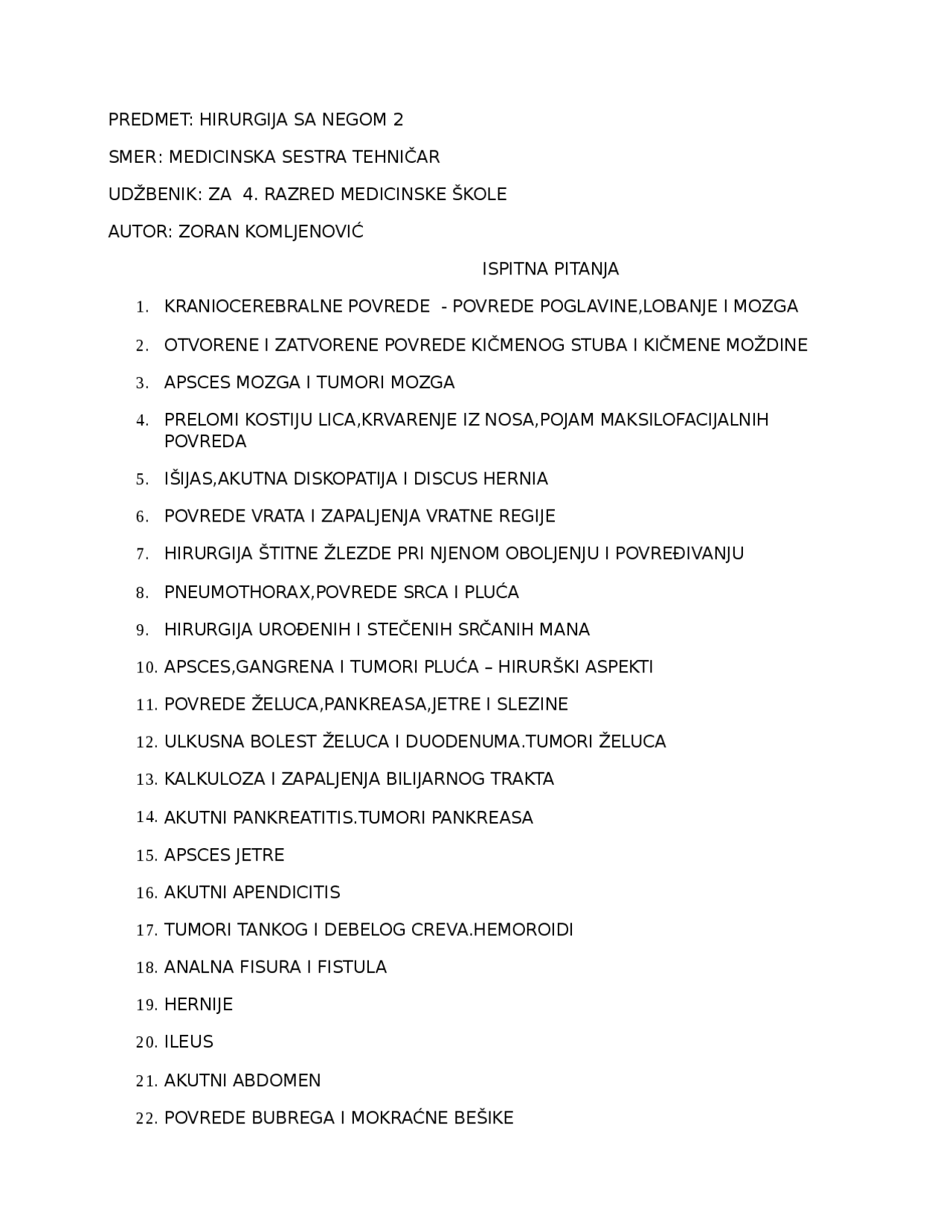 Hirurgija Sa Negom Ii Ispiti Predlog Ekonomija Docsity