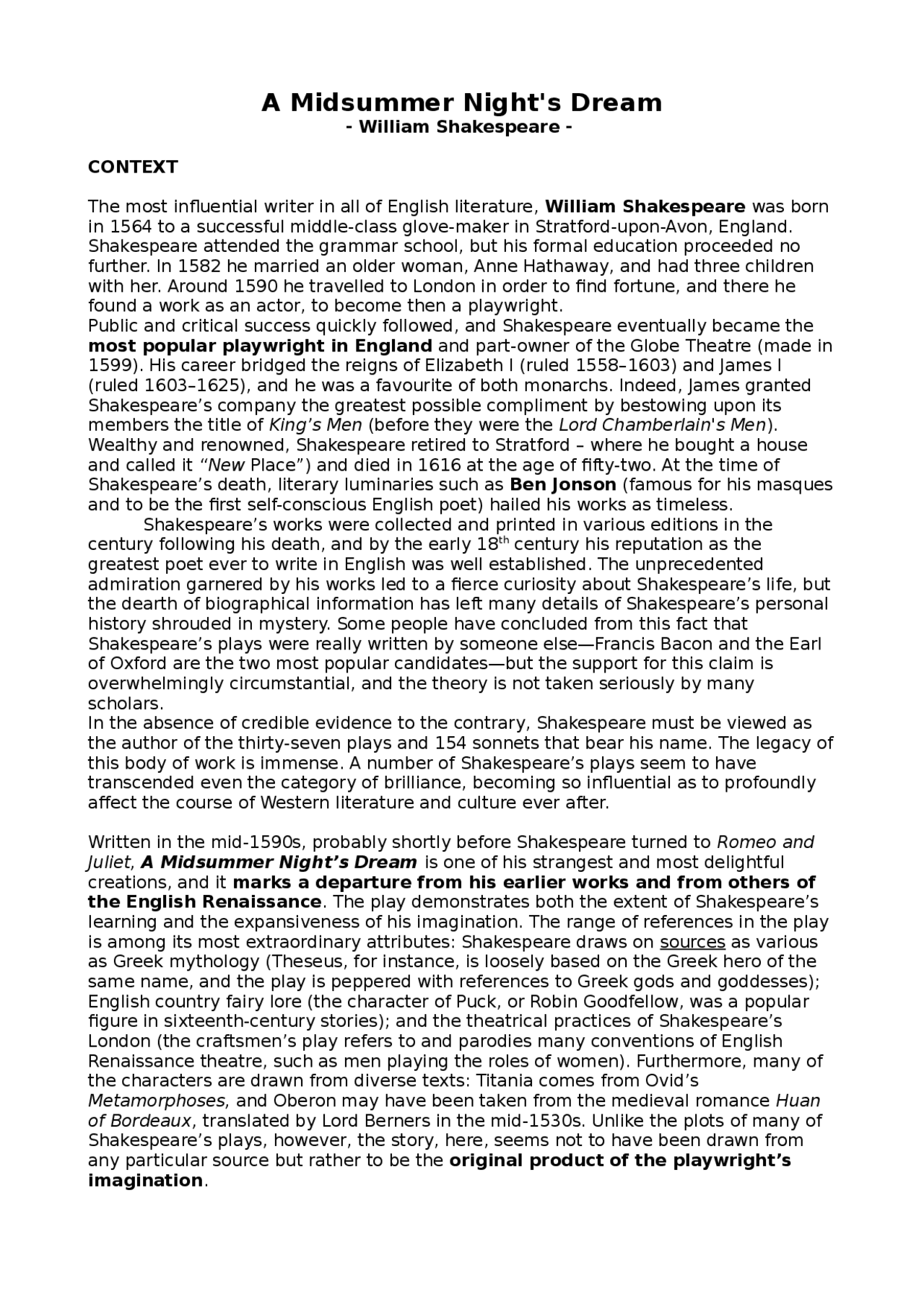 A Midsummer Night's Dream (W. Shakespeare) - summary and analysis - Docsity