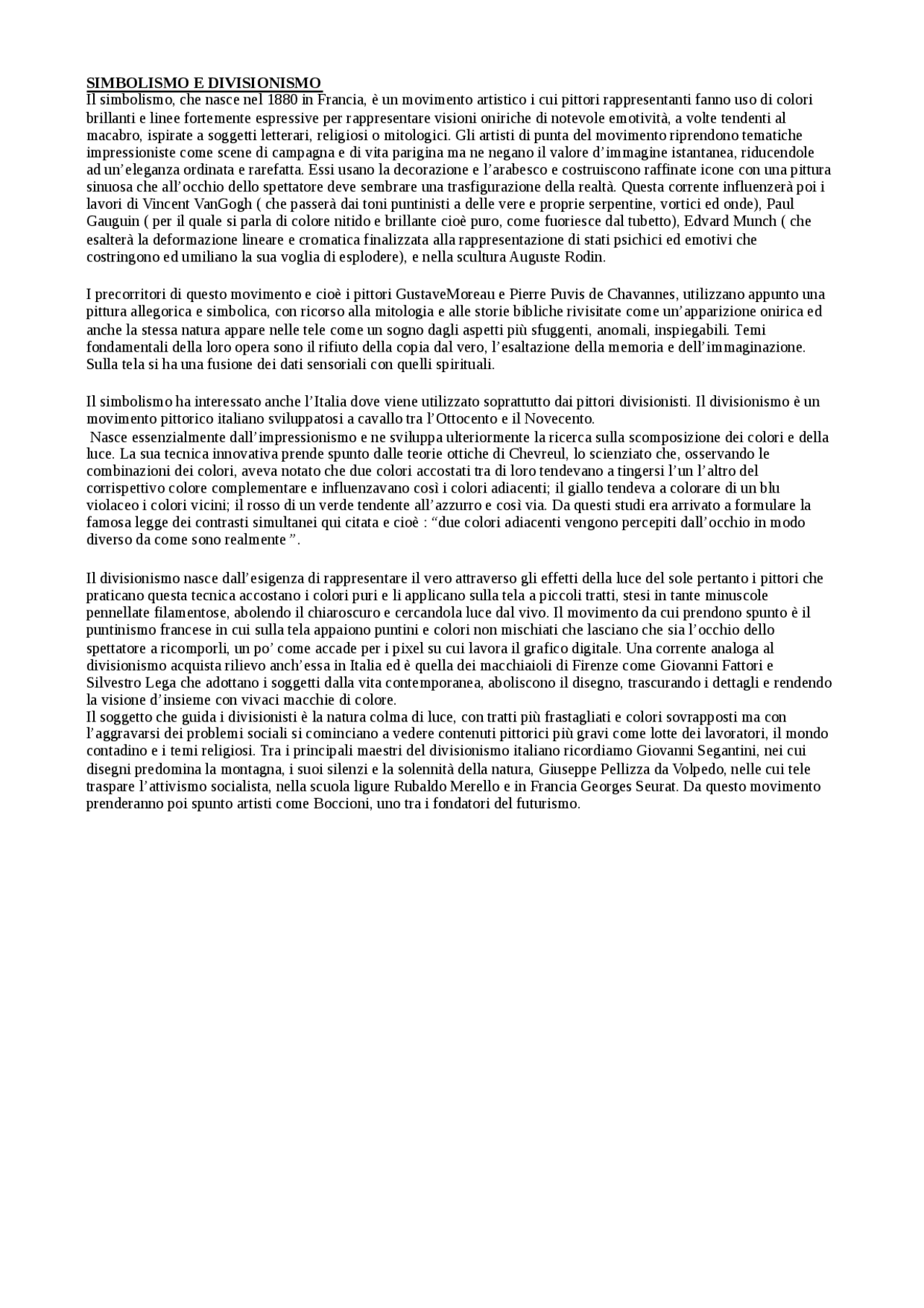 Simbolismo E Divisionismo Appunti Di Arte Docsity