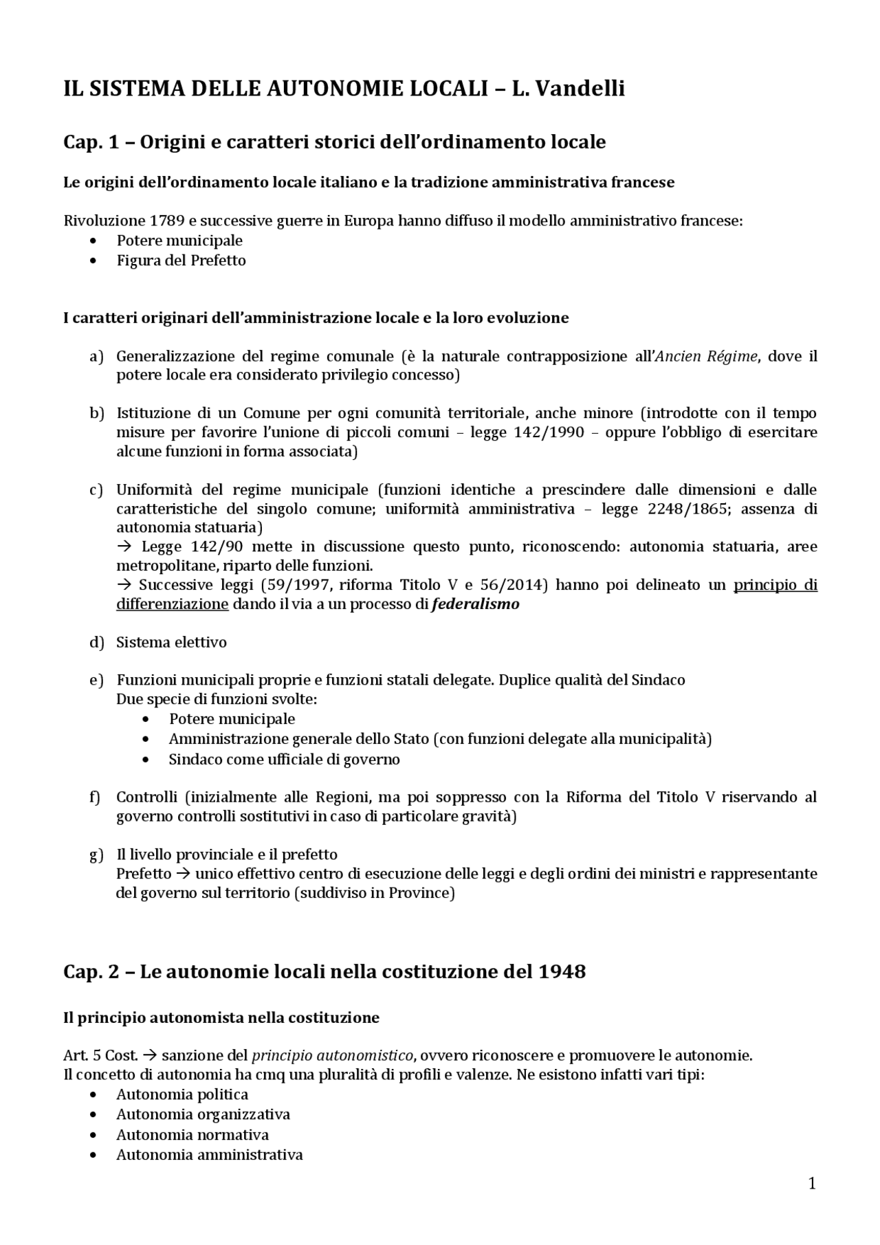 Il Sistema Delle Autonomie Locali Vandelli Appunti Di Diritto