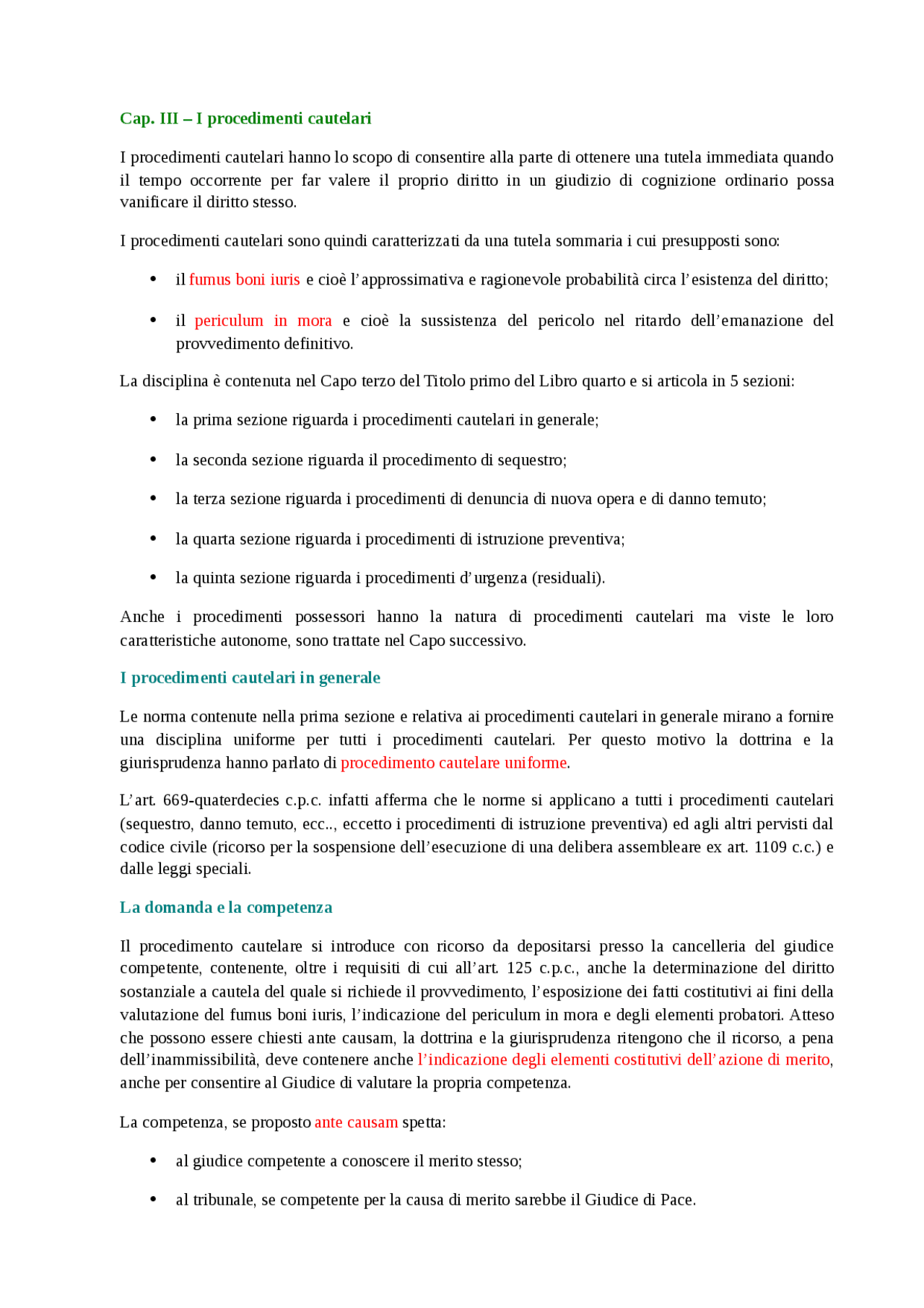 Manuale breve giuffrè i procedimenti cautelari (riassunto) - Docsity
