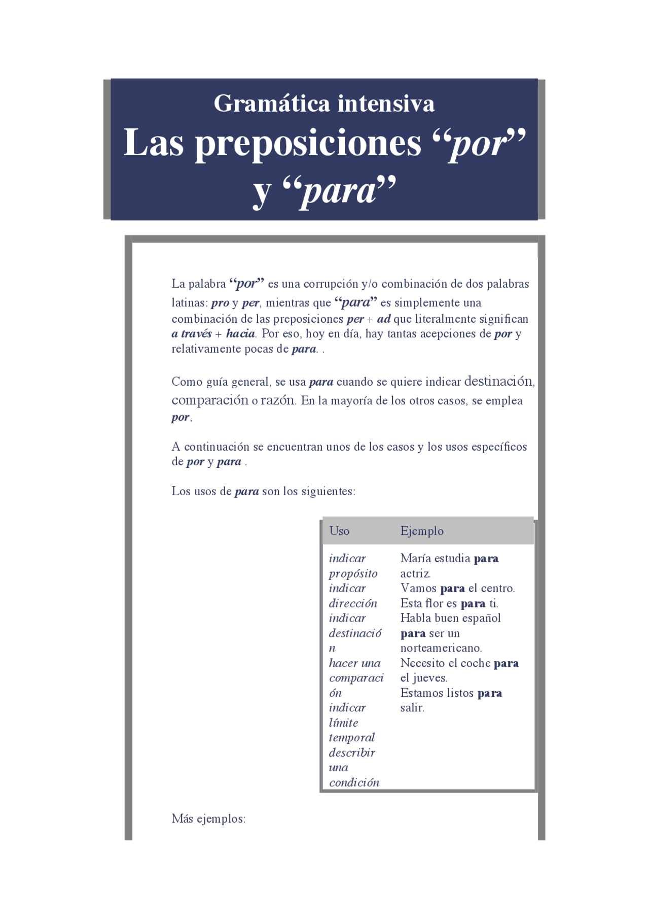 GramÁtica intensiva: las preposiciones por y para - Docsity