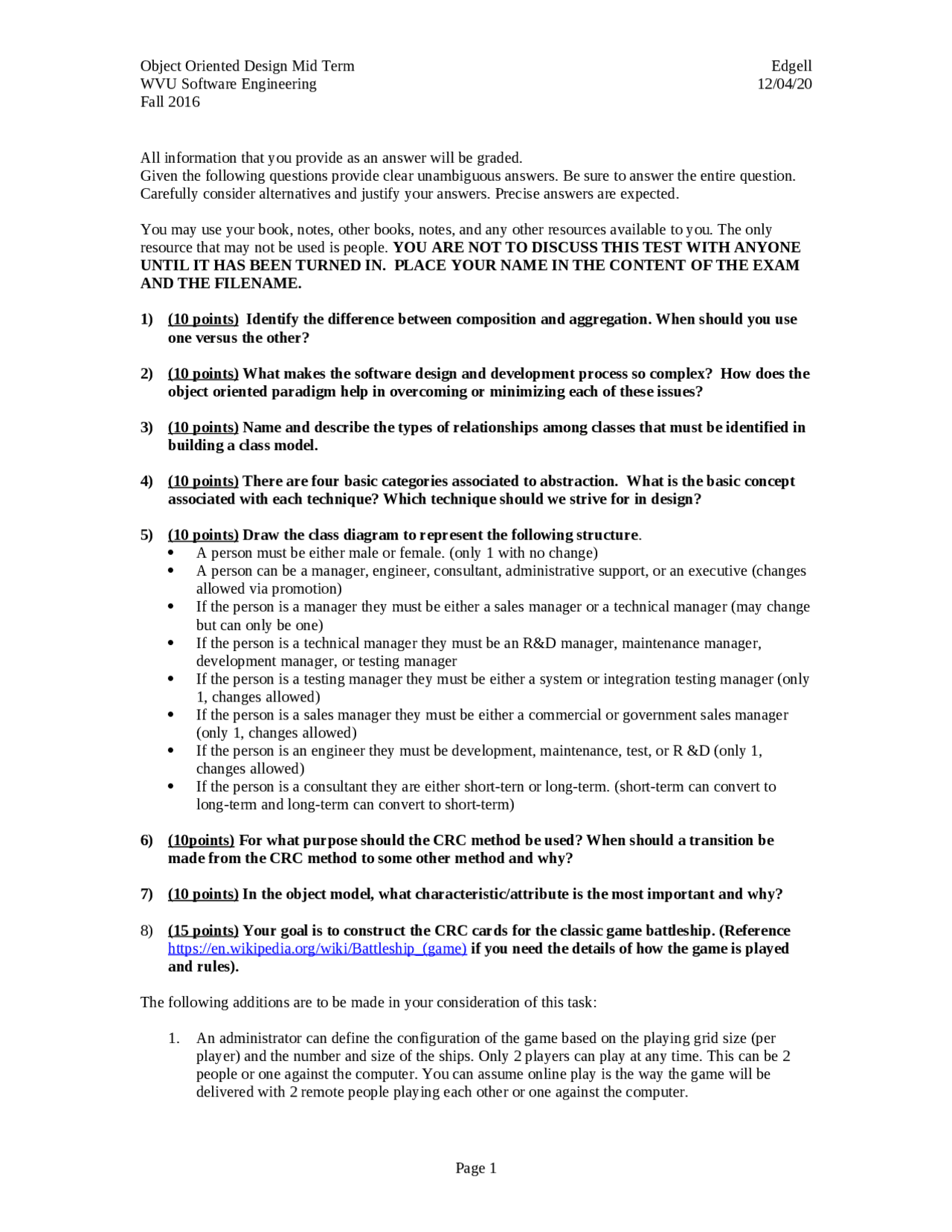 Object Oriented Design Midterm Exam Notes Seng 550 Docsity