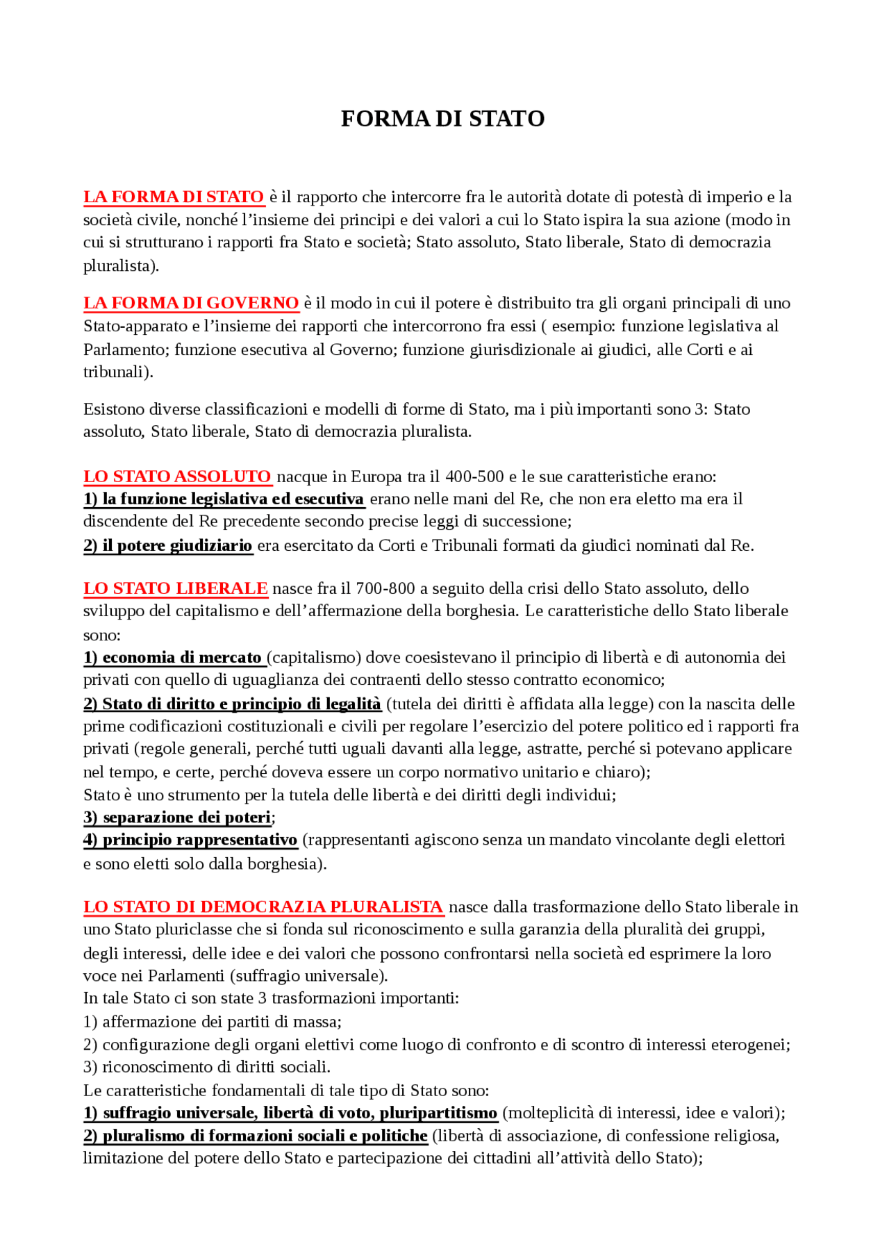 Forma di stato riassunto - Docsity