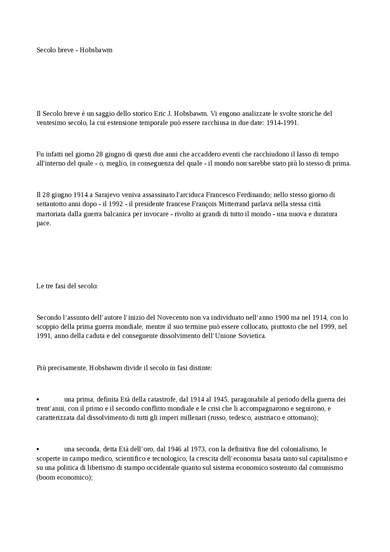 Il secolo breve di hobsbawm - Docsity
