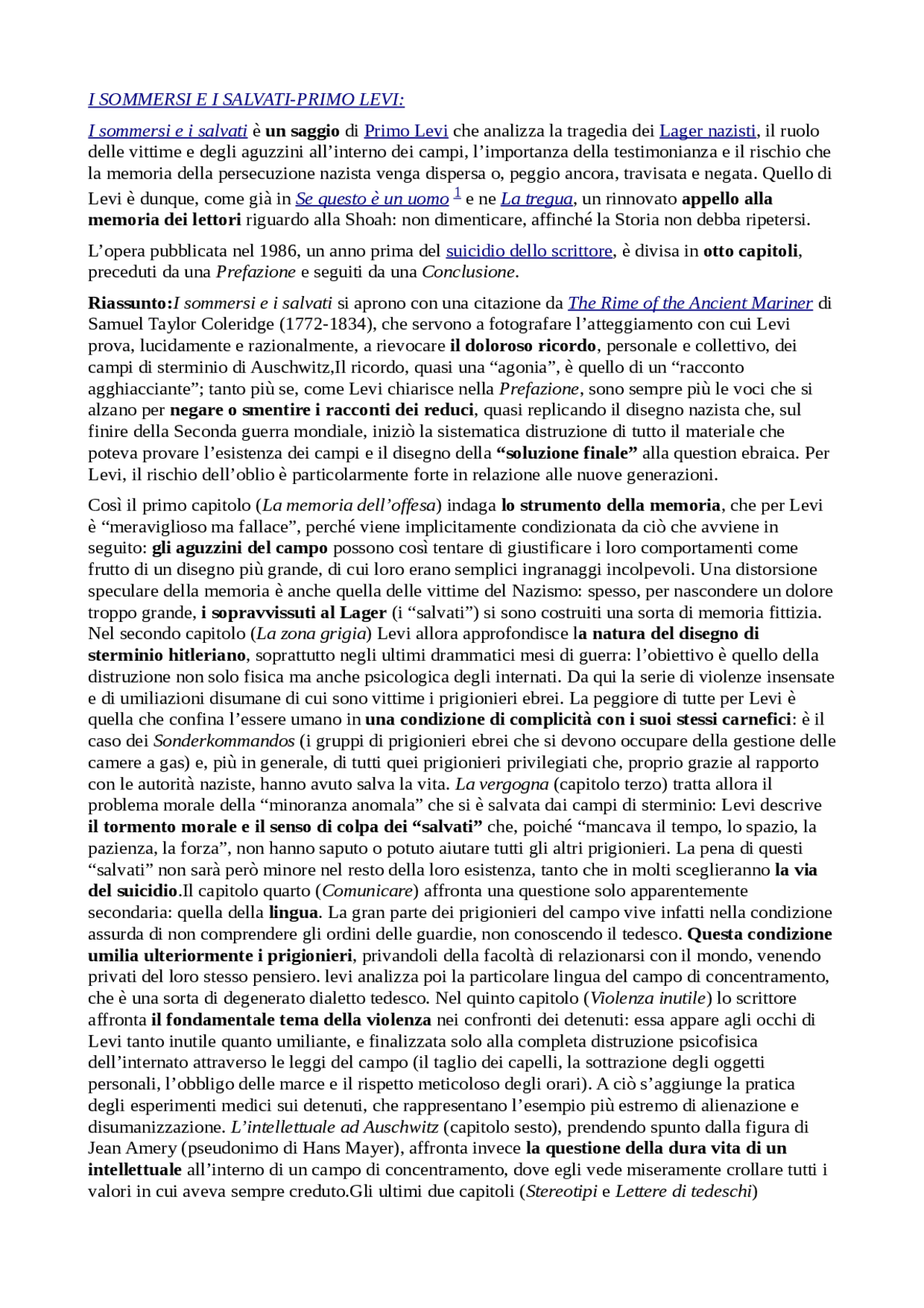 I Sommersi E I Salvati Riassunto Appunti Di Storia Docsity