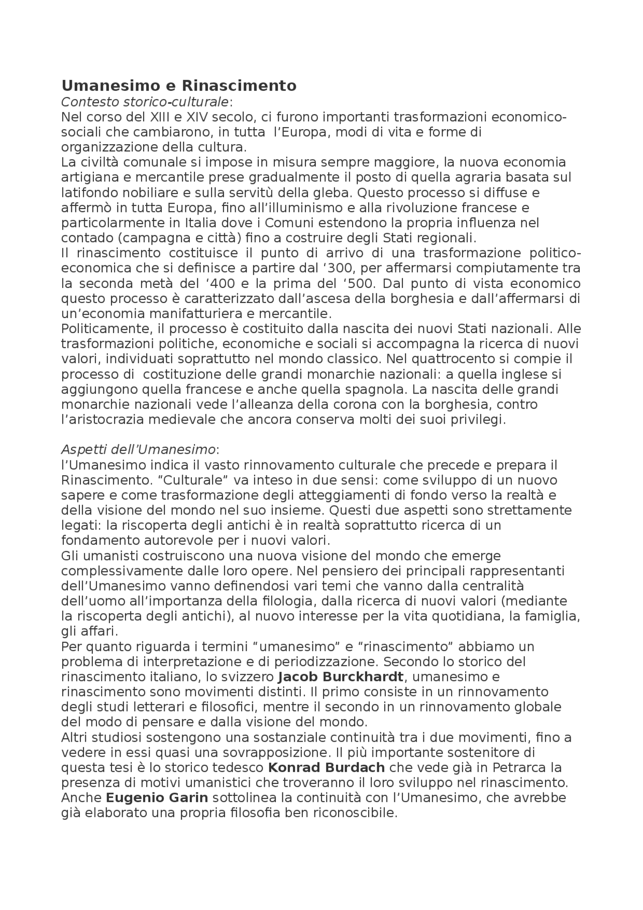 Umanesimo e rinascimento - Docsity