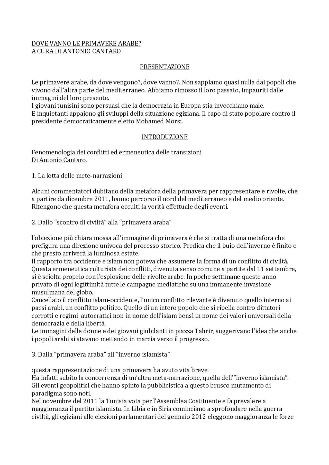 DOVE VANNO LE PRIMAVERE ARABE a cura di Antonio Cantaro - Docsity