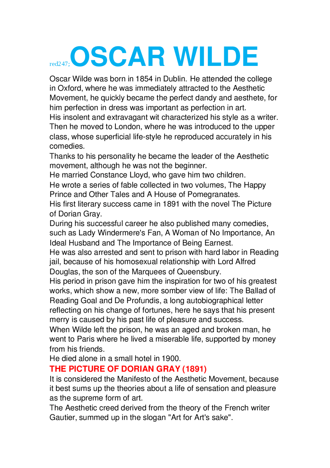 Oscar Wilde Appunti Di Inglese Docsity