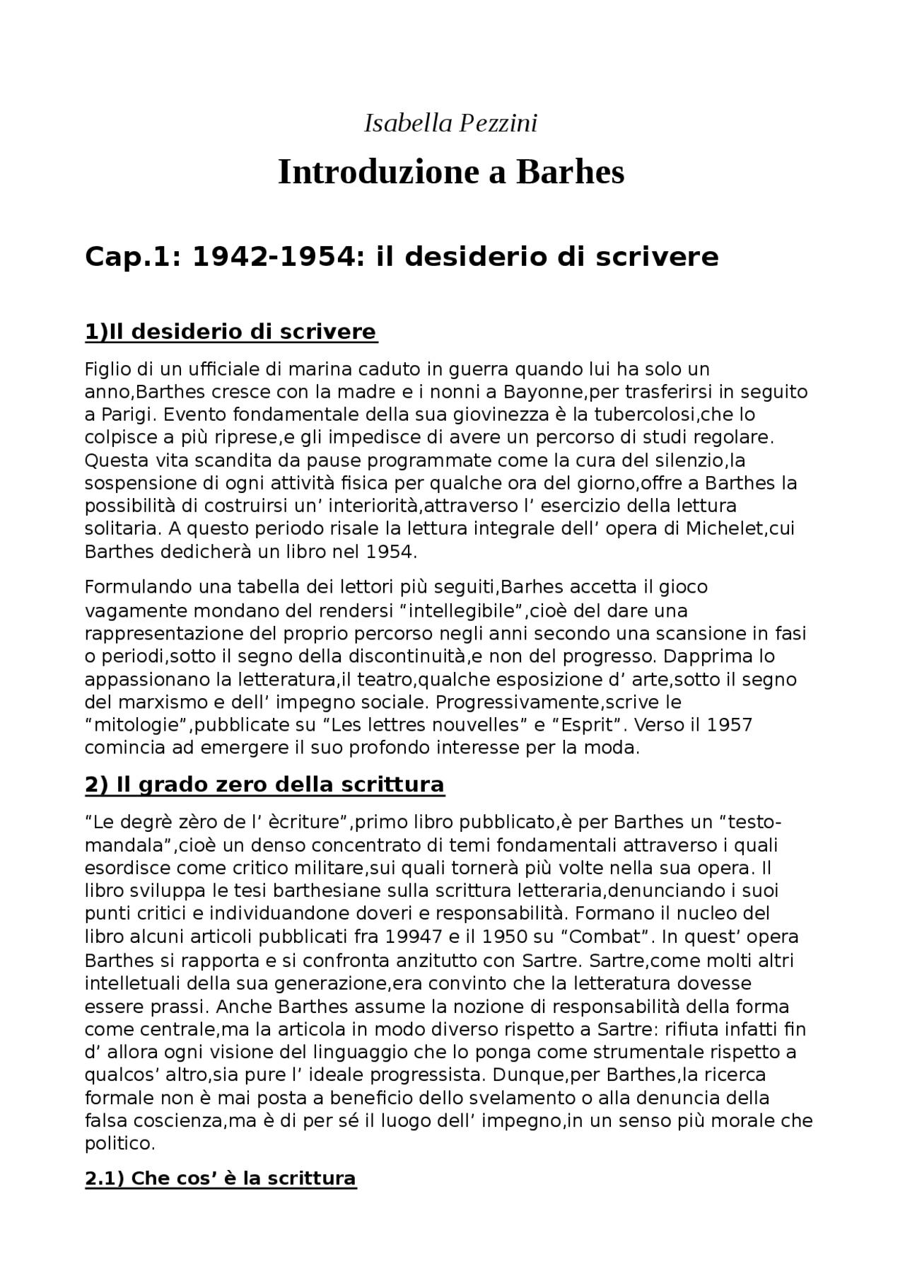 Isabella Pezzini Introduzione A Barthes Riassunto Docsity