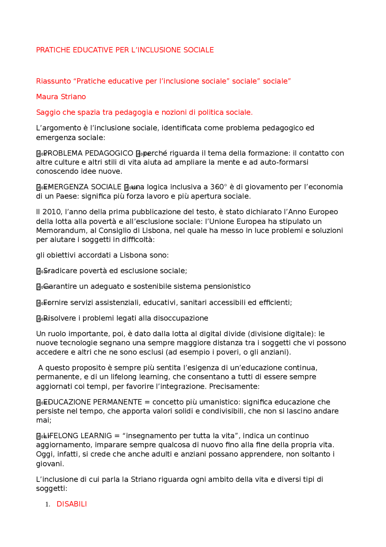 Pratiche Educative Per Linclusione Sociale Sintesi Del Corso Di