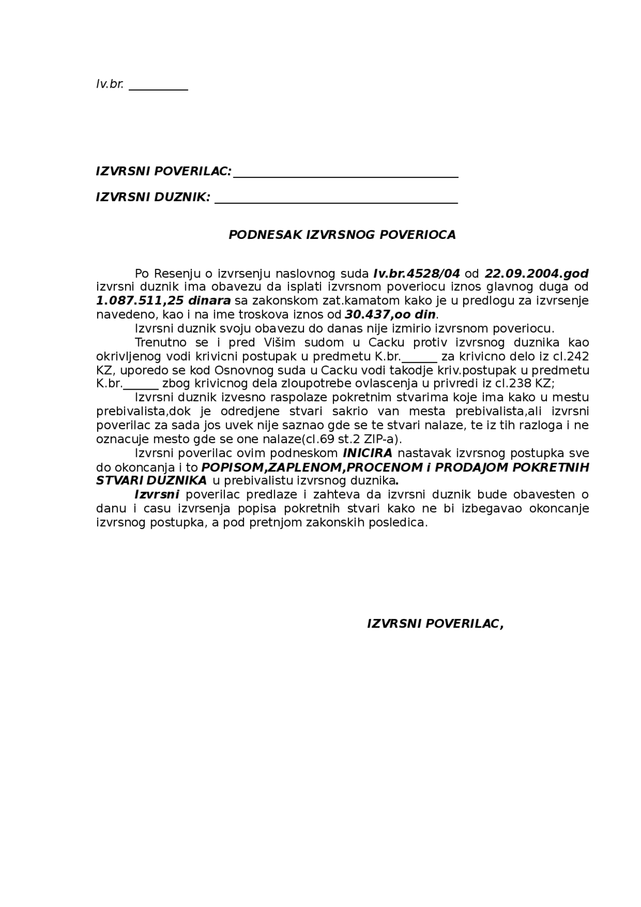 Podnesak poverioca izvrsenje primer 2 | Vežbe' predlog Filozofija - Docsity