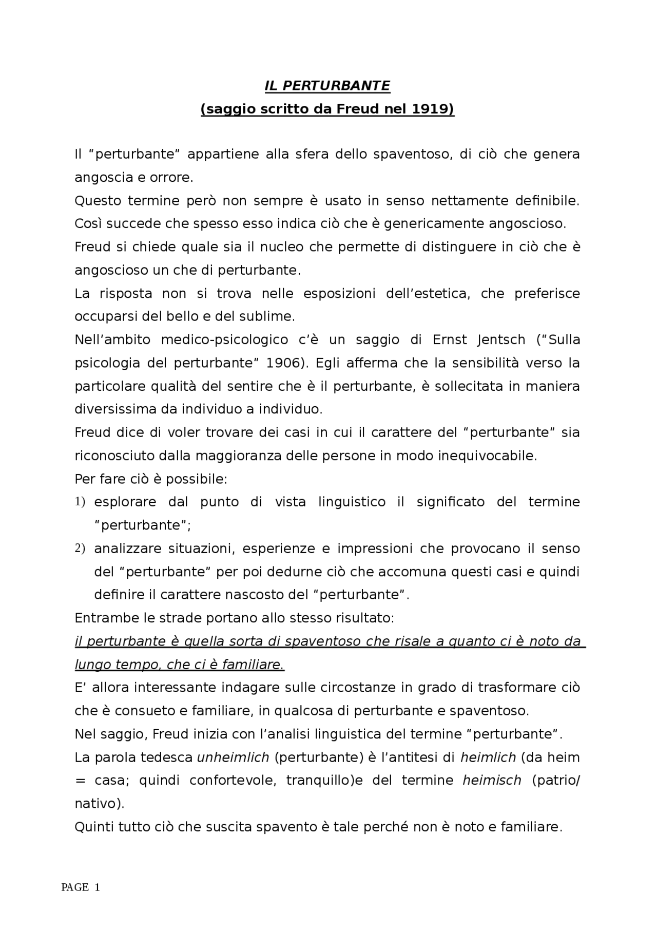 Riass Perturbante Di Freud Docsity