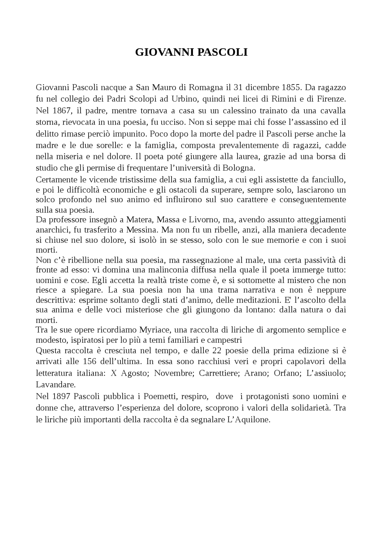 Giovanni Pascoli Docsity