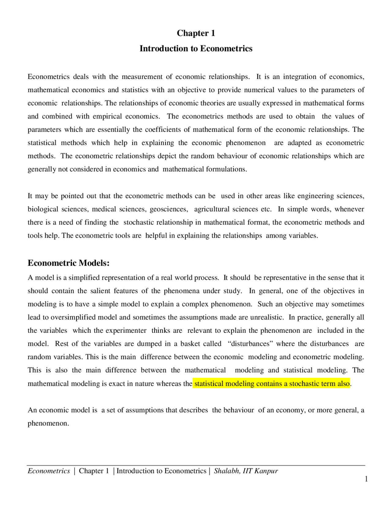 Chapter1 Econometrics Introductiontoeconometrics Docsity