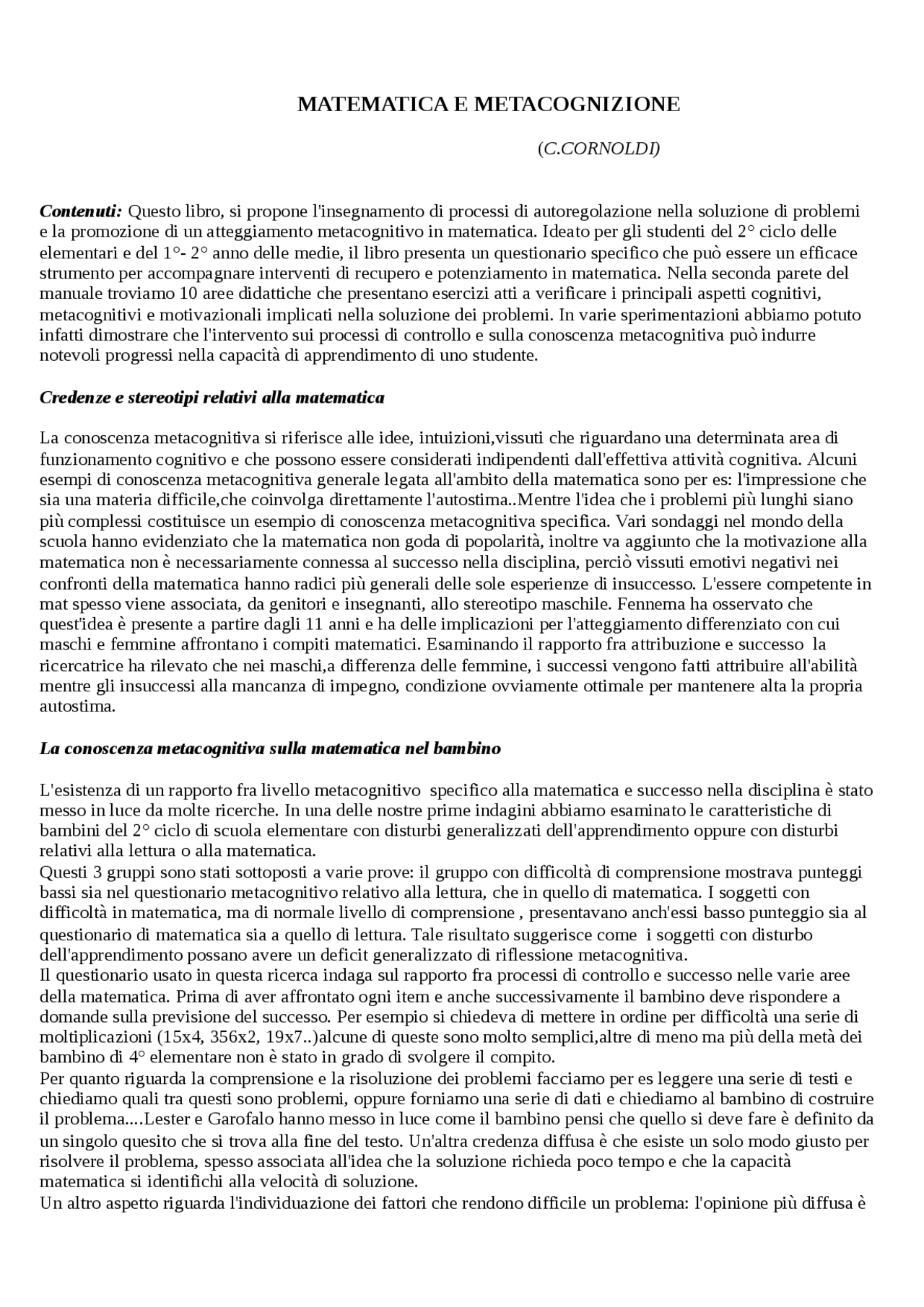 Matematica E Metacognizione Docsity