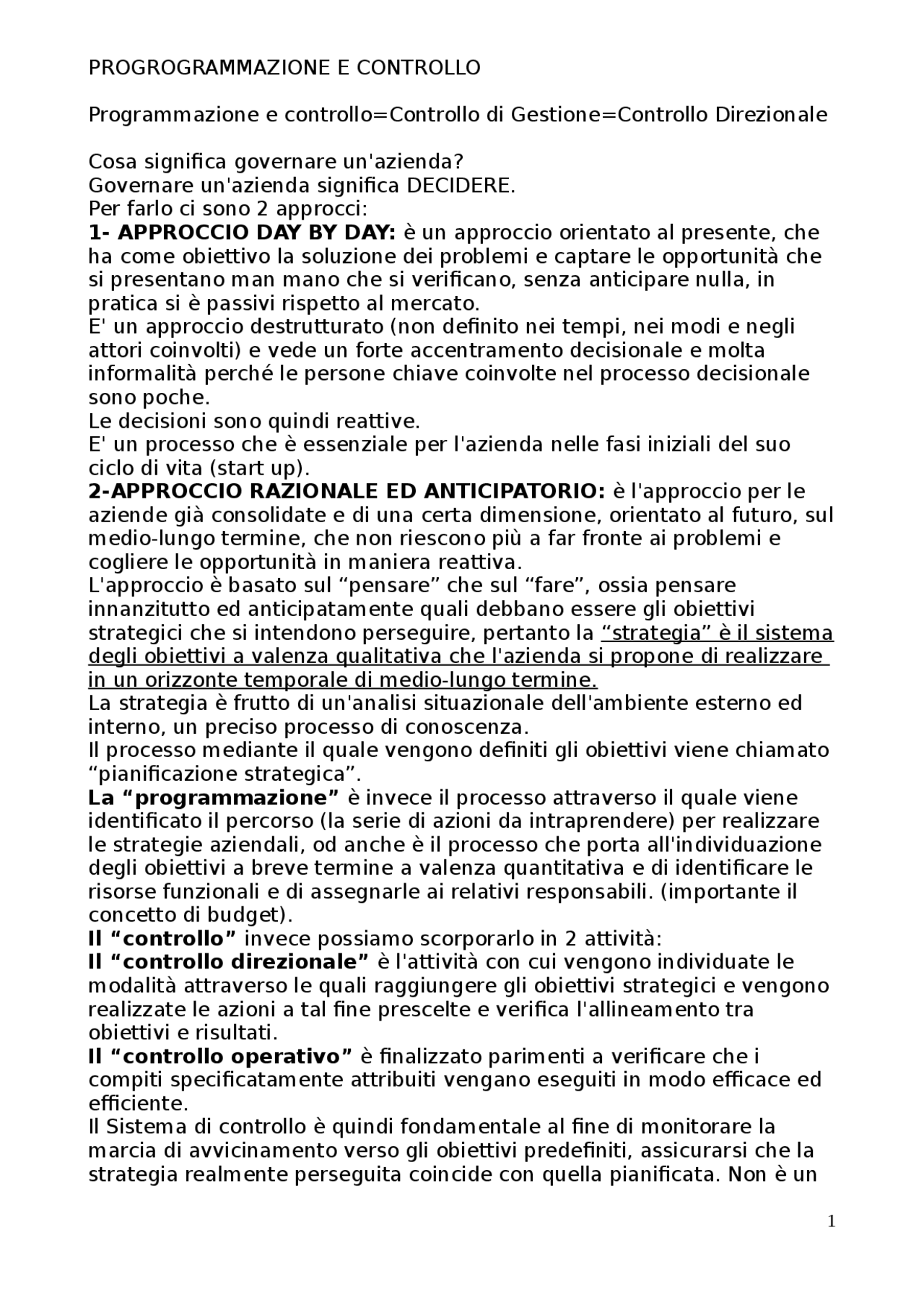Programmazione E Controllo Controllo Di Gestione Docsity