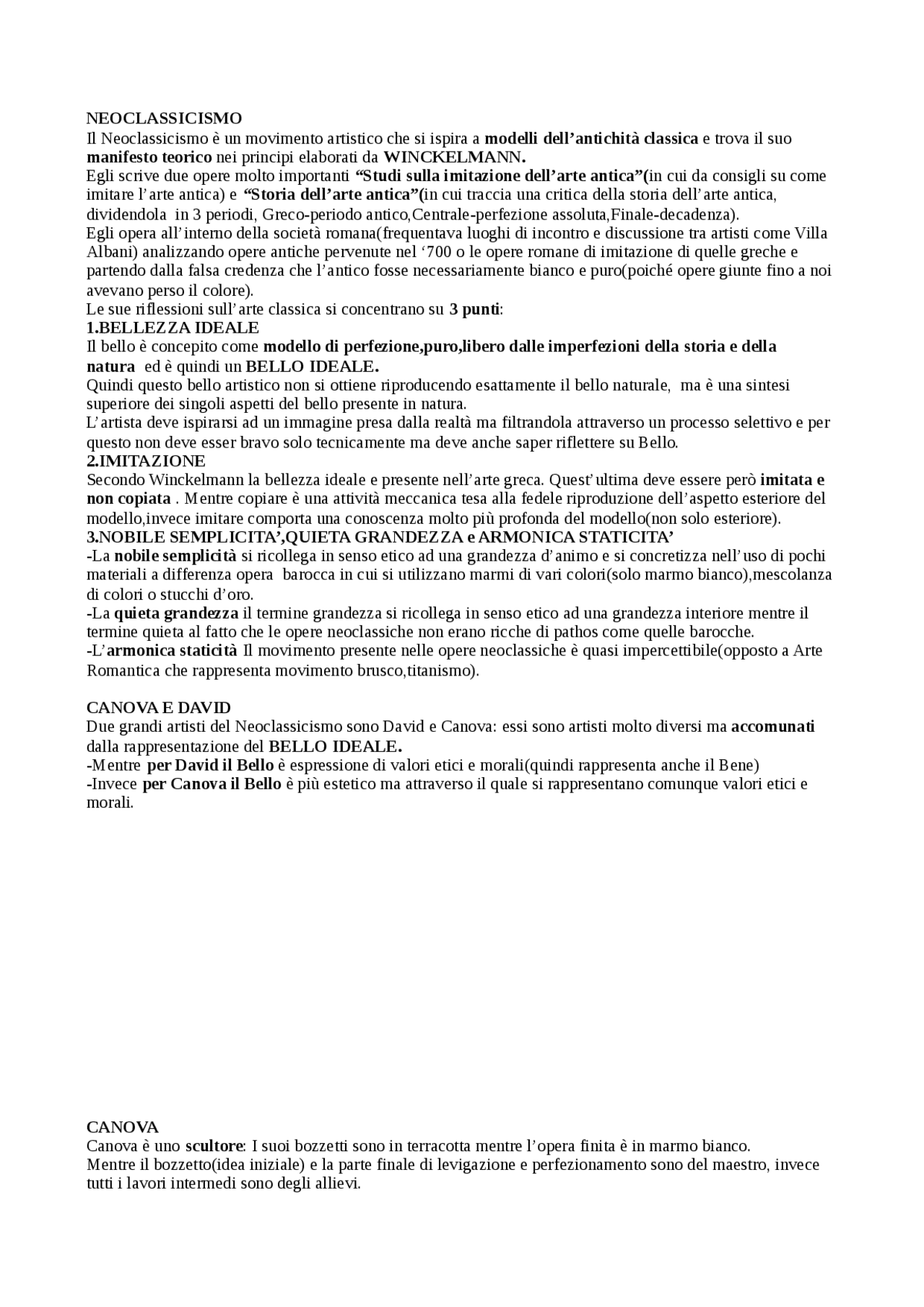 Riassunto Neoclassicismo Canova E David Docsity
