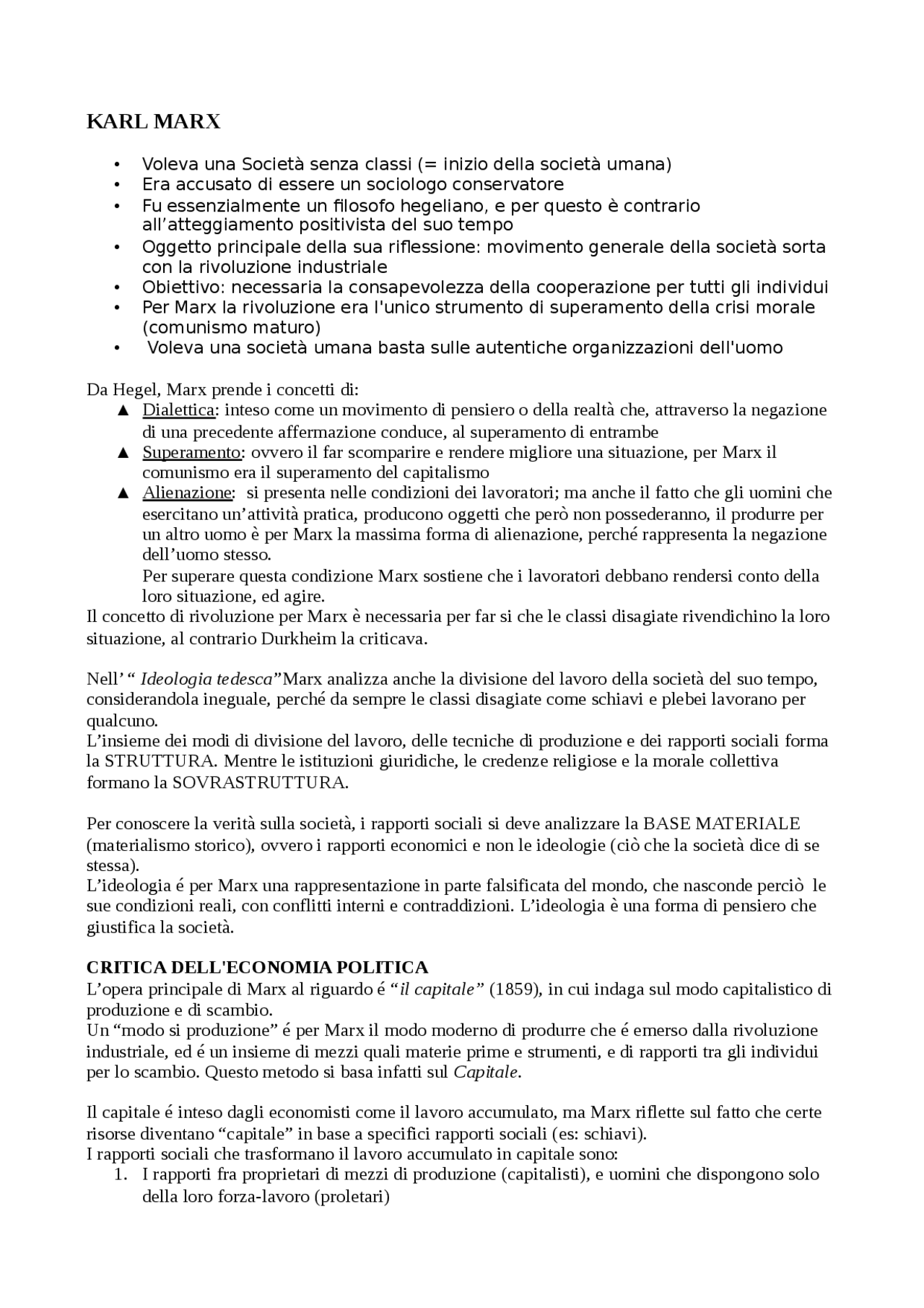 Karl Marx Appunti Di Sociologia Docsity