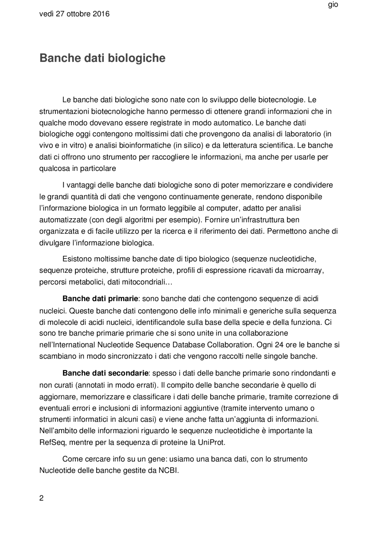 Banche Dati Biologiche Docsity