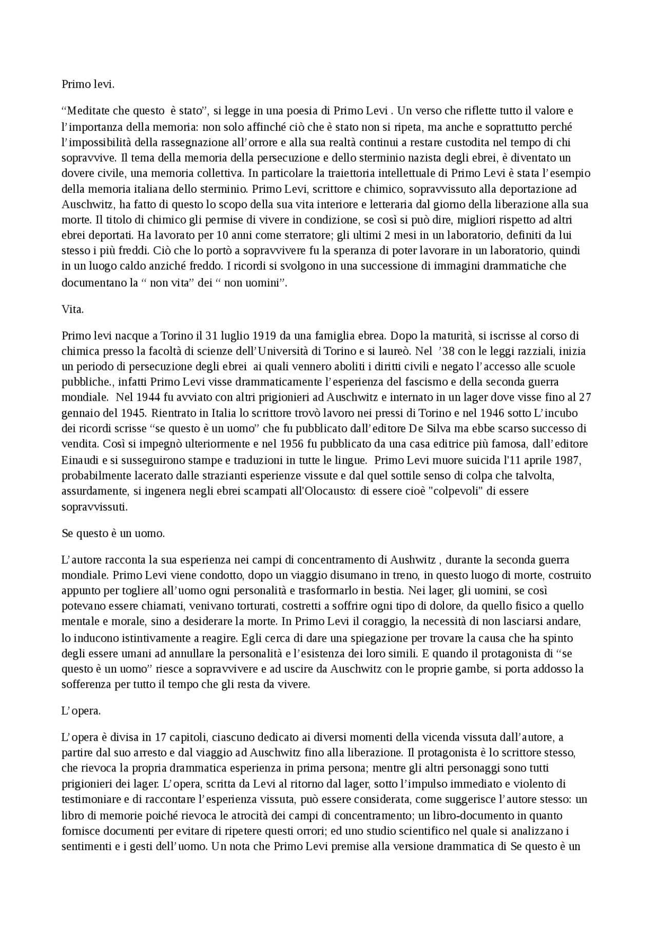 Primo Levi Vita E Opere Docsity