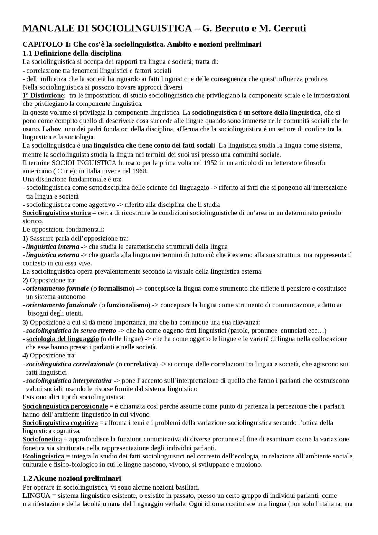 Manuale Di Sociolinguistica Berruto Sintesi Del Corso Di