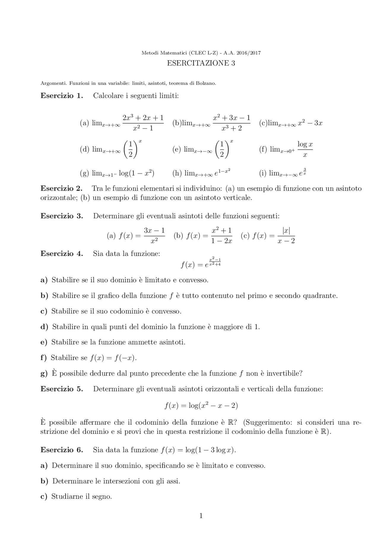 Esercizi Matematica Esercizi Di Complementi Di Matematica I Docsity