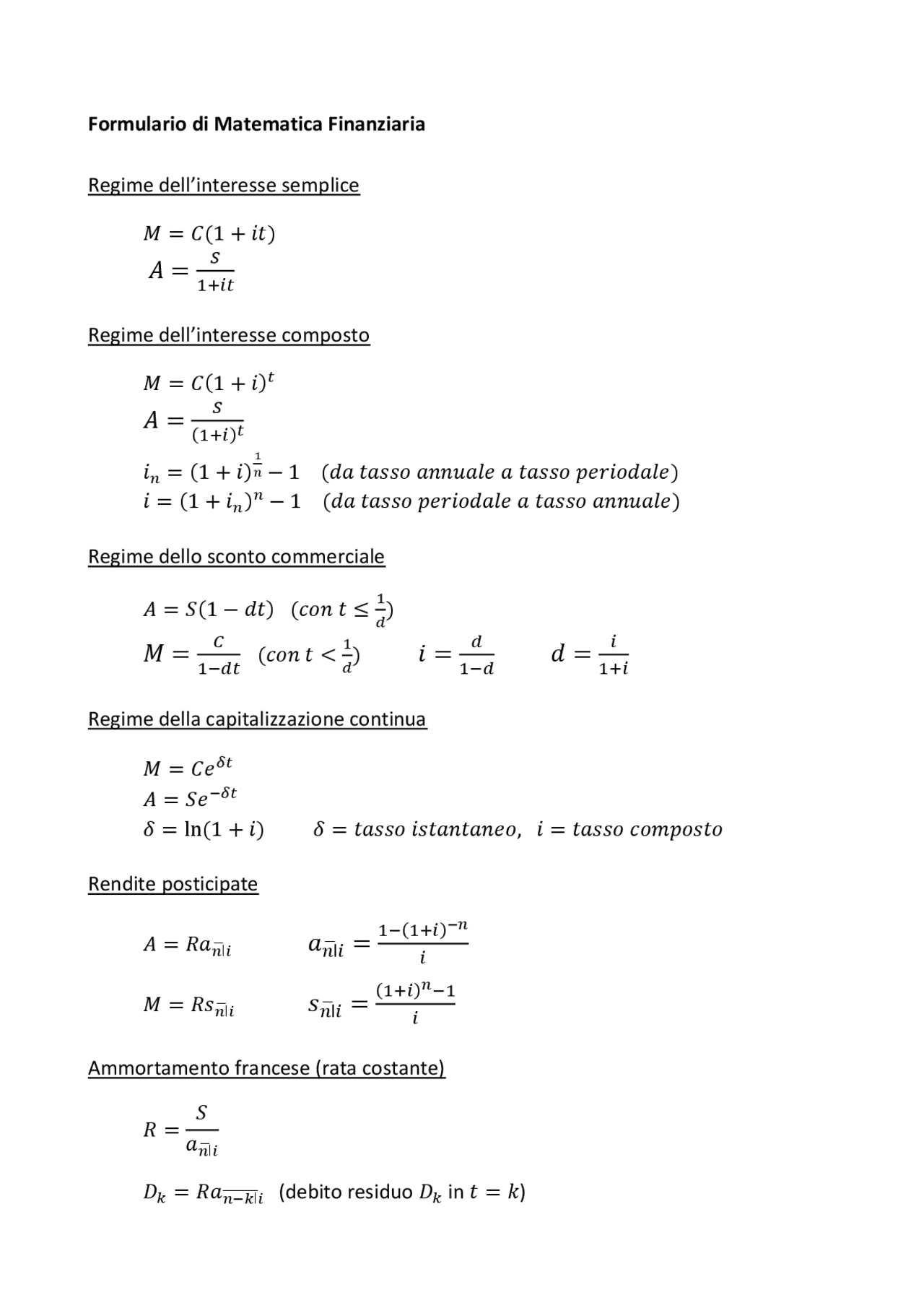 Formulario sintetico di matematica finanziaria e-Campus - Docsity