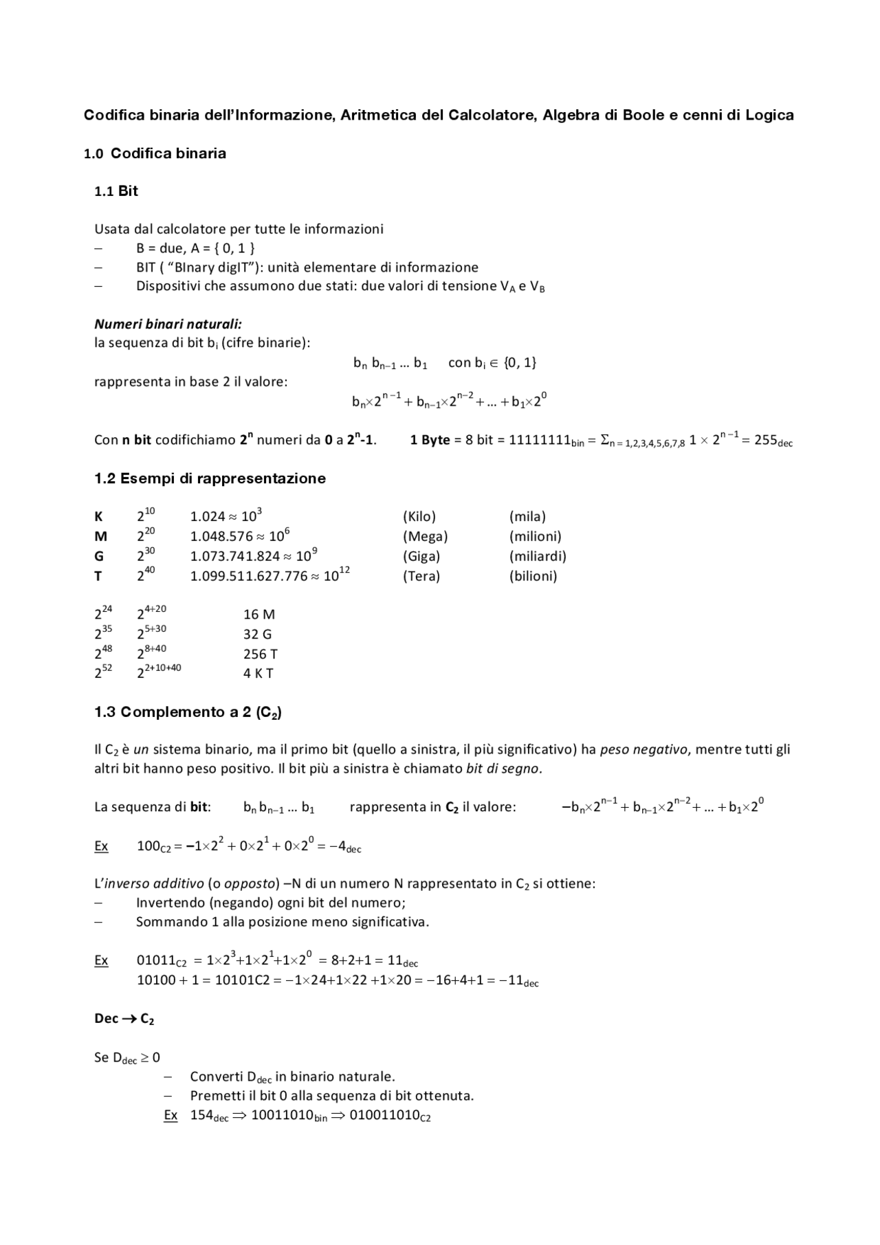 Fondamenti Informatica - Codifica binaria dell’Informazione - Docsity