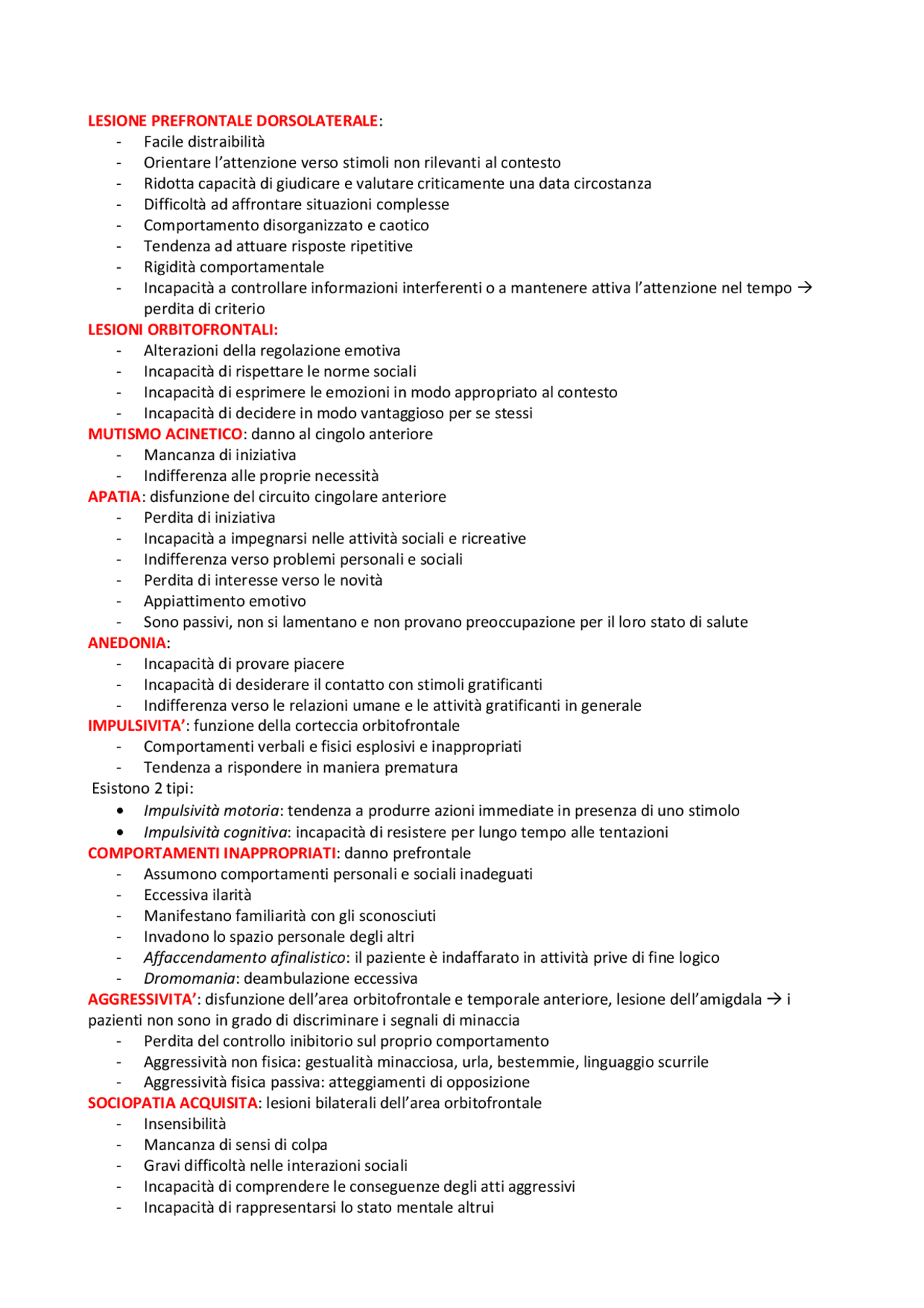 Neuropsicologia dei lobi frontali | Sintesi del corso di ...