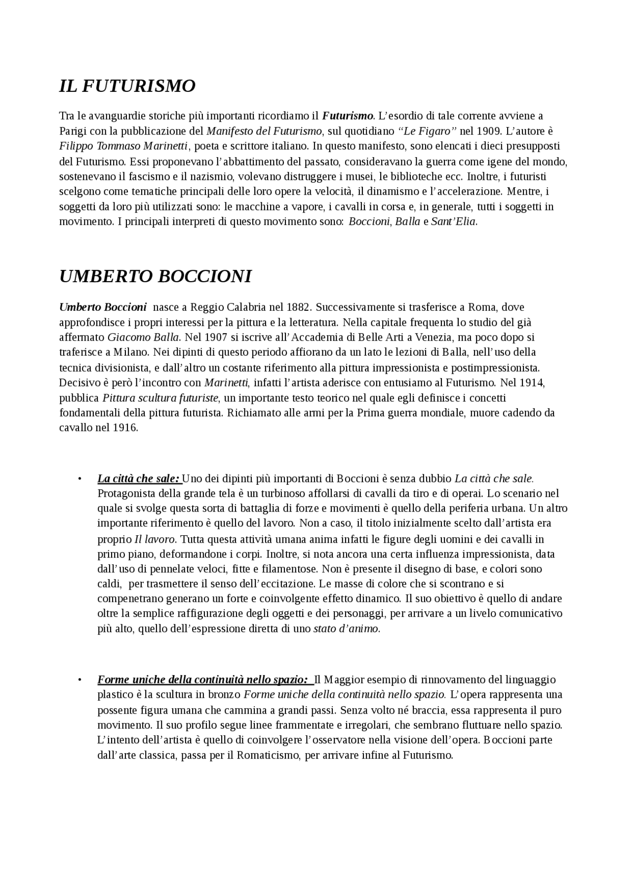 Il Futurismo Sintesi Docsity