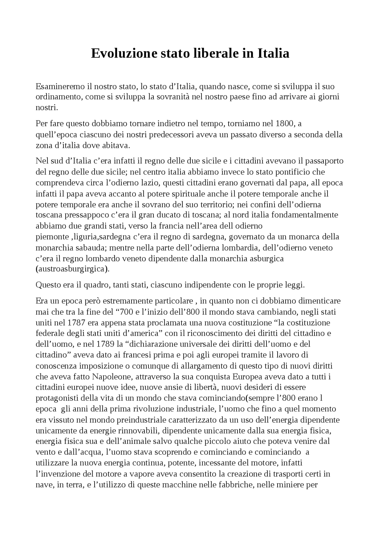 Evoluzione stato liberale in italia - Docsity