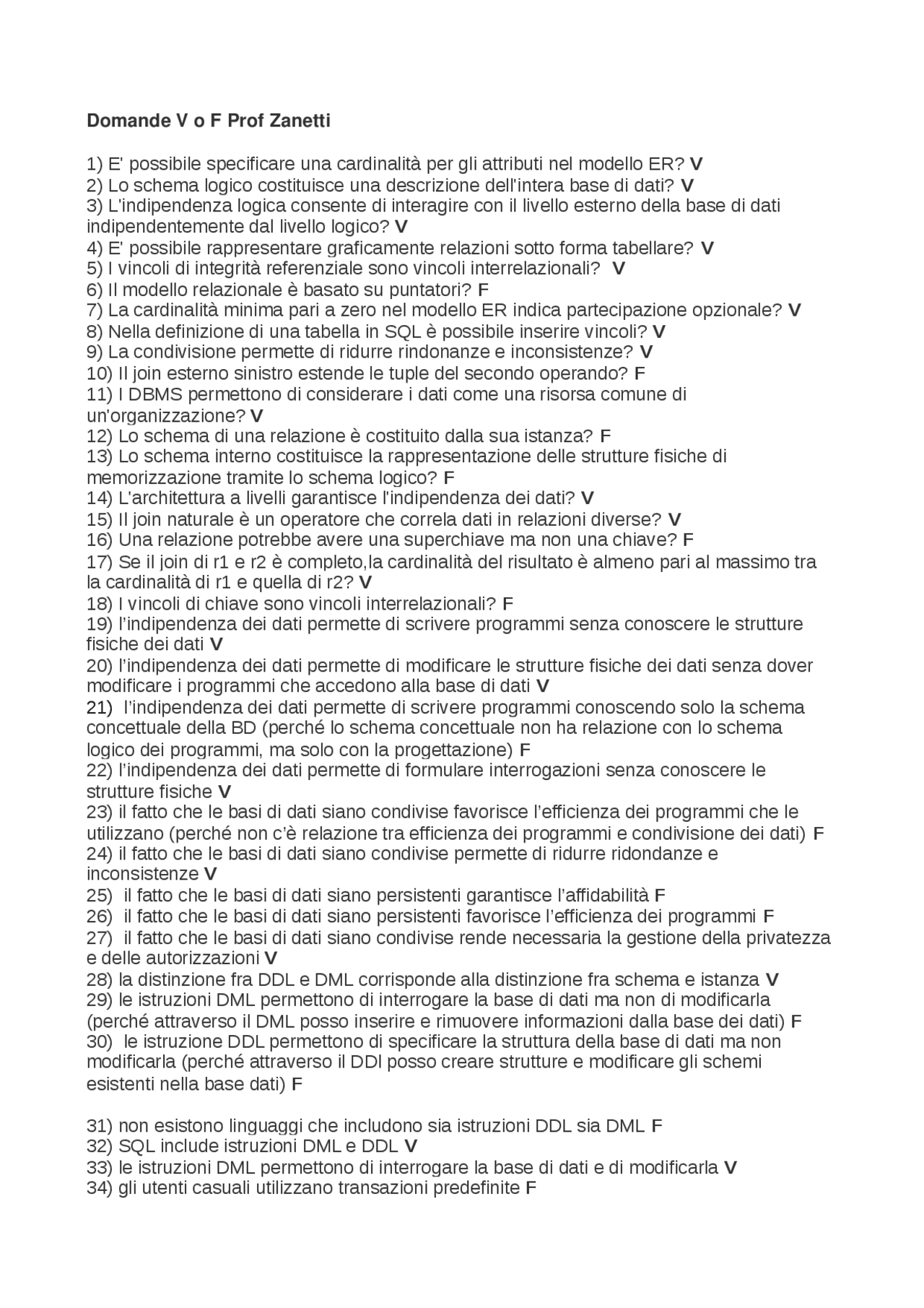Possibili Domande Vero O Falso Profzanetti Docsity