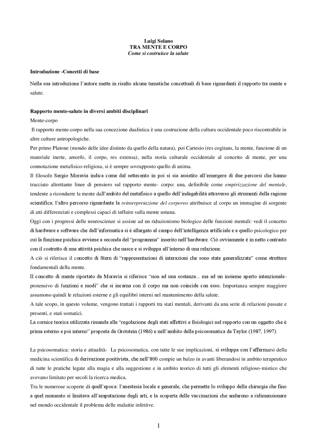 Riassunto Tra Mente E Corpo Docsity